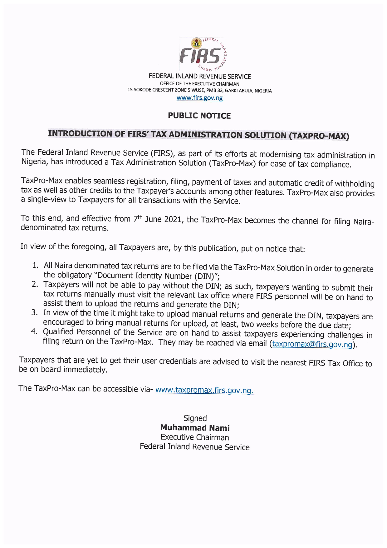 PUBLIC NOTICE: INTRODUCTION OF FIRS' TAX ADMINISTRATION SOLUTION ...