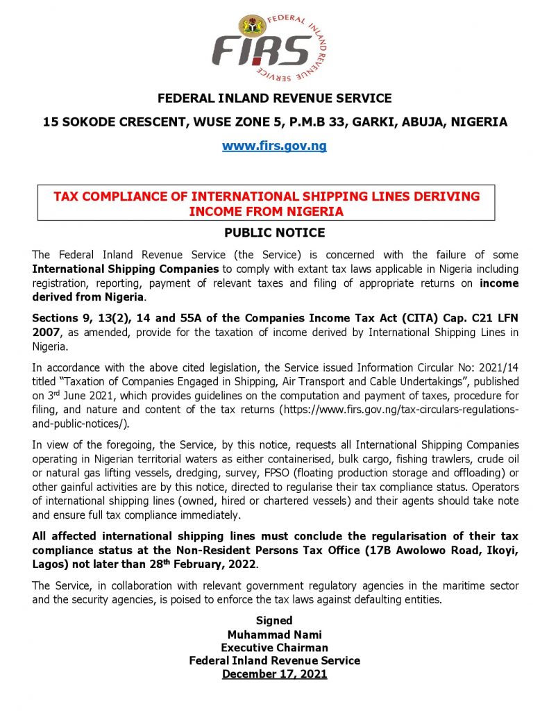 FIRS PUBLIC NOTICE: TAX COMPLIANCE OF INTERNATIONAL SHIPPING LINES ...
